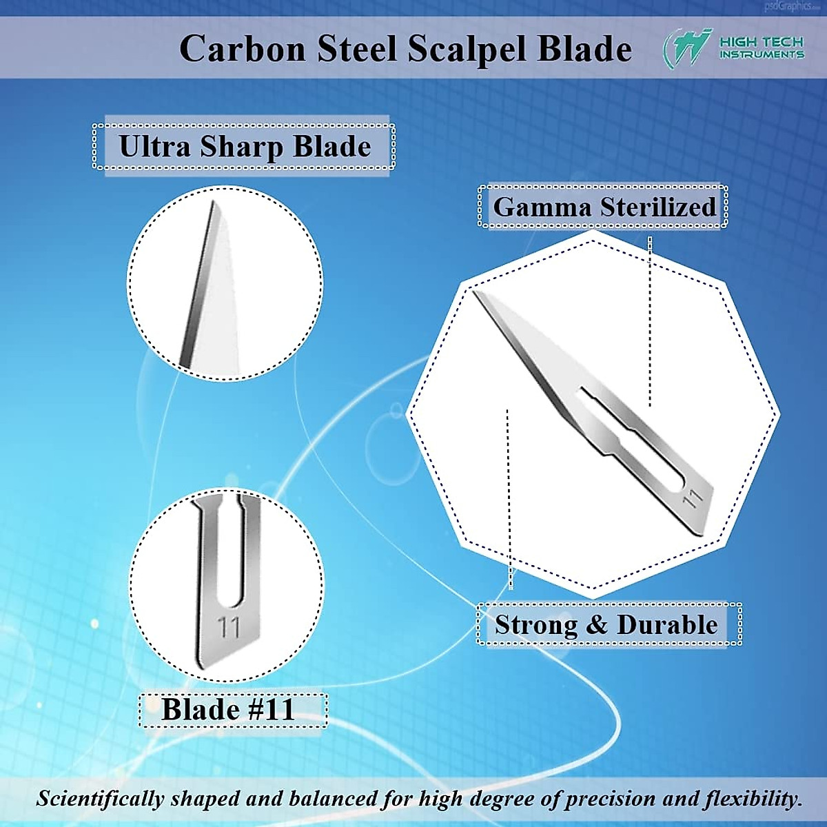 100 Pcs Box Surgical Sterile Blades #11 Made of High Carbon Steel With Stainless Steel Scalpel Handle Knife #3 Graduated Use for Biology Lab Anatomy, Cutting, Med Student, Sculpting, Repairing
