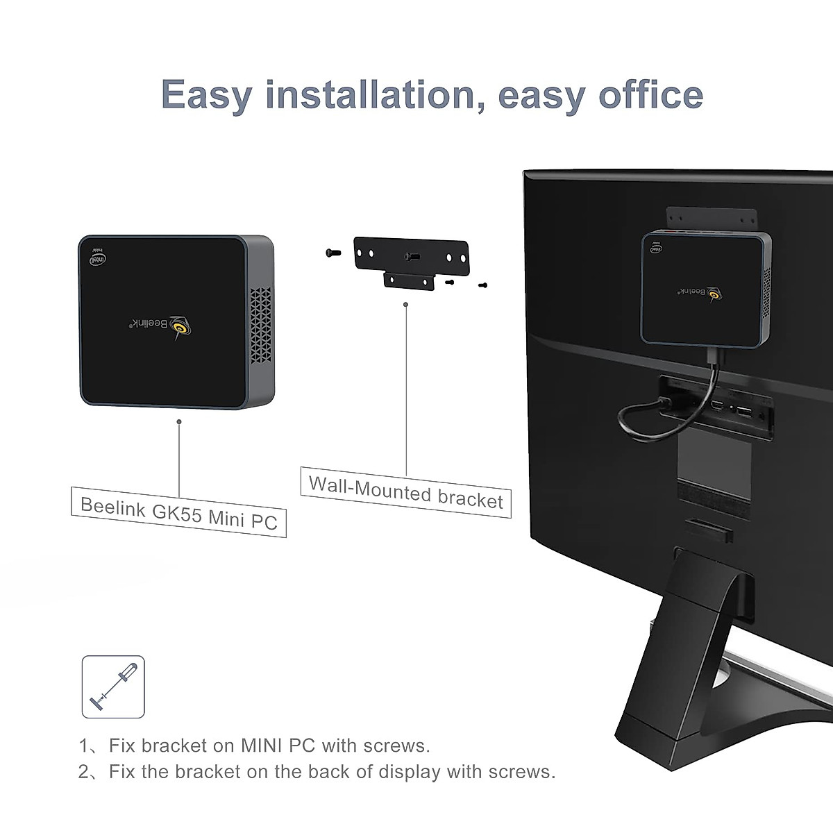 Beelink Mini Pc GK55 8GB DDR4 256GB SSD Intel J4125(4C/4T 4MB Cache Up to 2.7GHz), Mini Computer Supports 4K Dual HDMI Output / 2.4G+5G WiFi/ BT4.0/2.5" HDD Extension/Dual Gigabit Ethernet
