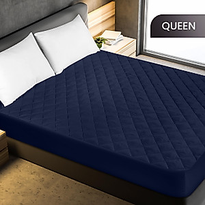 Utopia Bedding Quilted Fitted Mattress Pad, Queen Size, Elastic Fitted Mattress Topper Protector and Cover Stretches up to 16 Inches Deep, Machine Washable (Navy)