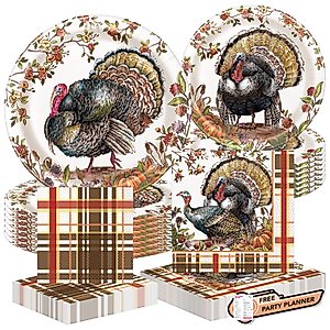 Unique Plaid Turkey Dinnerware Bundle for 8 - Dessert and Dinner Plates, 16 Luncheon & Beverage Napkins - Fall Family Thanksgiving Party Set Decorations Supplies Paper Disposable