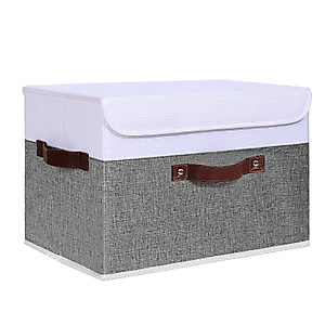 LaMorée Fabric Storage Bin with Lid Faux Leather Handle Foldable Cotton Linen Storage Basket Rectangular Cube Box Decorative Lidded Home Office Laundry Closet Organizer – Gray and White, Large