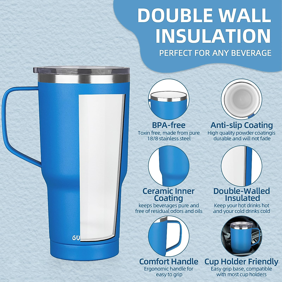 20 oz Insulated Coffee Mug with Ceramic Coating, Stainless Steel Travel Mug Tumbler with Handle Lid and Straw, Double Wall Leak-Proof Thermos Coffee Travel Mug Keeps Drink Hot and Cold (Blue)