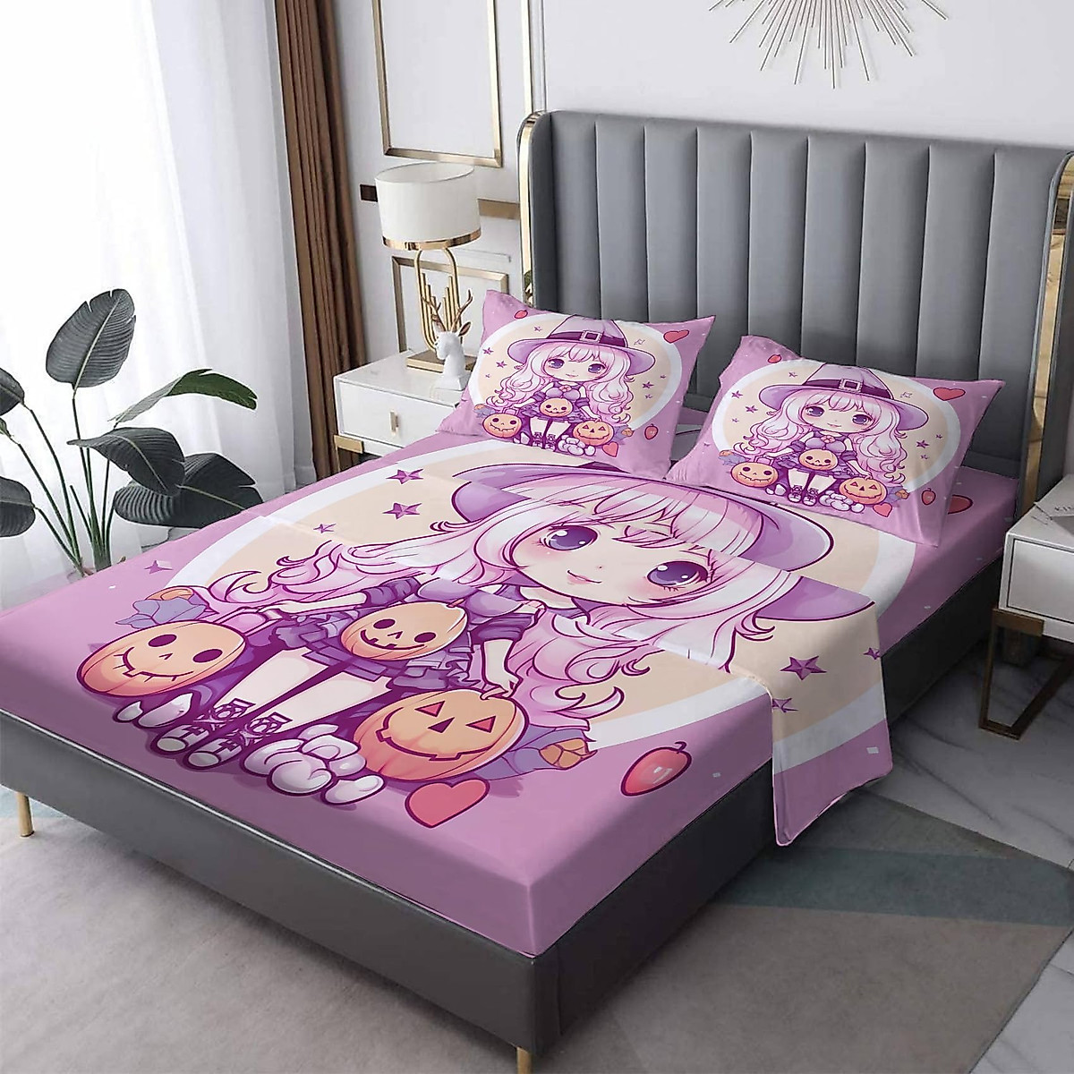 Witchy Sheets Twin Size, Halloween Pumpkin Bed Sheets, Patterned Bedding Sheets & Pillowcases 3 Piece Set - Soft Microfiber Deep Pocket Fitted Sheet & Flat Sheet & Pillow Case L5-&-124