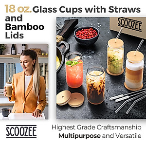 Scoozee Glass Cups with Lids and Straws (Set of 4, 16 oz) - Glass Tumbler with Straw and Lid, Can Shaped Drinking Glasses, Iced Coffee Cup, Beer Glasses - Aesthetic Cute Coffee Bar Gift