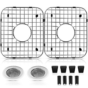 ARLBA 2 Pack 304 Stainless Steel Sink Protectors for Kitchen Sink W/Center Drain,13.62"x11.5"x1.25" Sink Grid Protection,Sink Grate Sink Rack for Bottom of Sink w/ 2Pack Sink Strainers