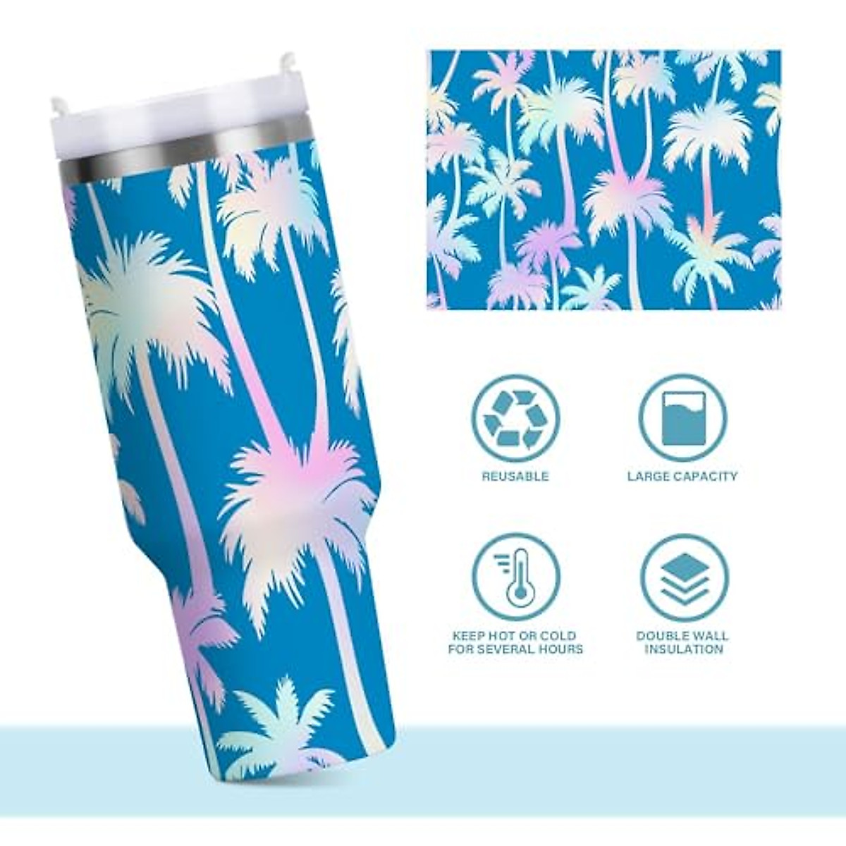 DIGTIA Stainless Steel Insulated Tumbler w/Handle & Straw, Palm Trees Colorful Double Wall Vacuum Travel Coffee Mug Cup w/Lid, Leak-Proof Sports Summer Water Bottle,30oz