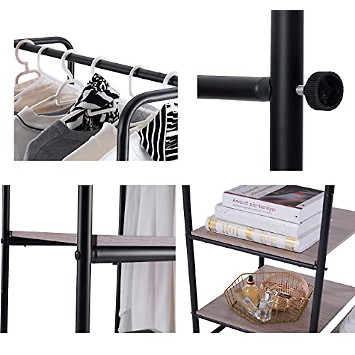 Metal Garment Rack, Free Standing Closet Storage Organizer w/ 5 Shelves & Hanging Bar, Open Wardrobe Rack for Hanging Clothes and Storage, Clothes Rack for Bedroom Living Room Entryway,Black/Dark Brown(Model:2103)