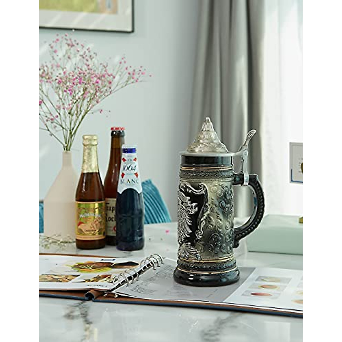 HAUCOZE Beer Stein Mug German Eagle Medallion Stanley Viking Tankard with Petwer Lid Birthday Gifts 0.6Liter