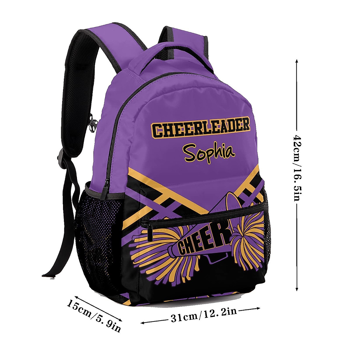 BigBigift Customized Cheerleader Purple Waterproof Backpack with Name for Hiking Camping Picnic 12.2(L)x5.9(W)x16.5(H)inch