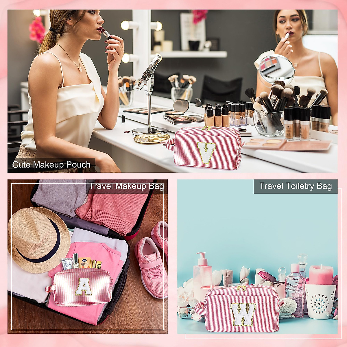 YOOLIFE Makeup Bag for Women - Monogram Cute Initial Pink Makeup Bags Cosmetic Toiletry Pouch Make Up Case for Women Her Best Friend Friendship Sister Teacher, Personalized Birthday Gifts for Women C