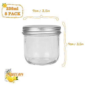 FRUITEAM 8 oz Wide Mouth Mason Jars with Lids -Set of 8, Transparent Clear Glass Canning Jar Ideal for Jams, Jellies, Conserves, Preserves, Fruit Syrups, Chutneys, and more Pizza Sauce
