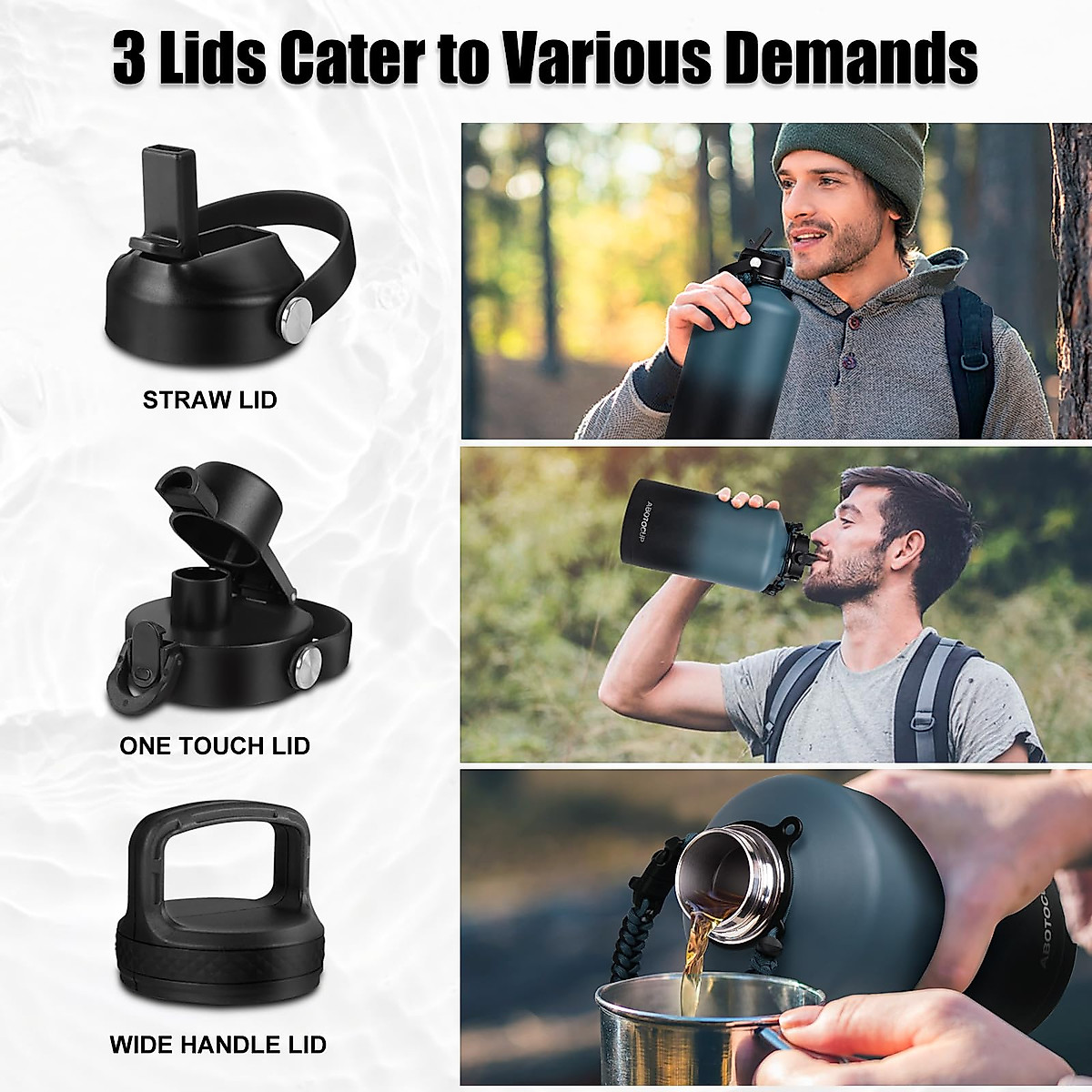 ABOTOCUP 1 Gallon Water Bottle Insulated with Powder Coated, Water Jug 1 Gallon with Straw Lids&Paracord Handle, 128 oz Water Bottle Double Wall Leak-proof BPA Free, Keep Cold-24H & Hot-12H