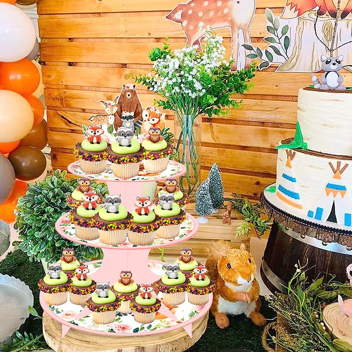 Woodland Animal Party Cupcake Stand for Girls Pink 3-Tier Cake Stand for Baby Shower Jungle Animal Cupcake Tower Decorations for Woodland Birthday Animal Theme Party Cake Holder Decorations for Kids