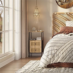 DOVAMY Rattan Nightstand with 2 Drawers, End Table for Small Spaces, Side Table with Storage for Bedroom, Living Room, Dorm, 27.5'' Bed Stand with Open Shelf, Beige BN03B