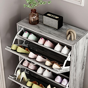 TAMUNE Small Shoe Cabinet with 3 Flip Drawers, Slim Shoe Storage Cabinet Shoe Organizer, Louvered Surface, No Backboard, for Entryway Grey (22.4”W x 9.4”D x 42.3”H)