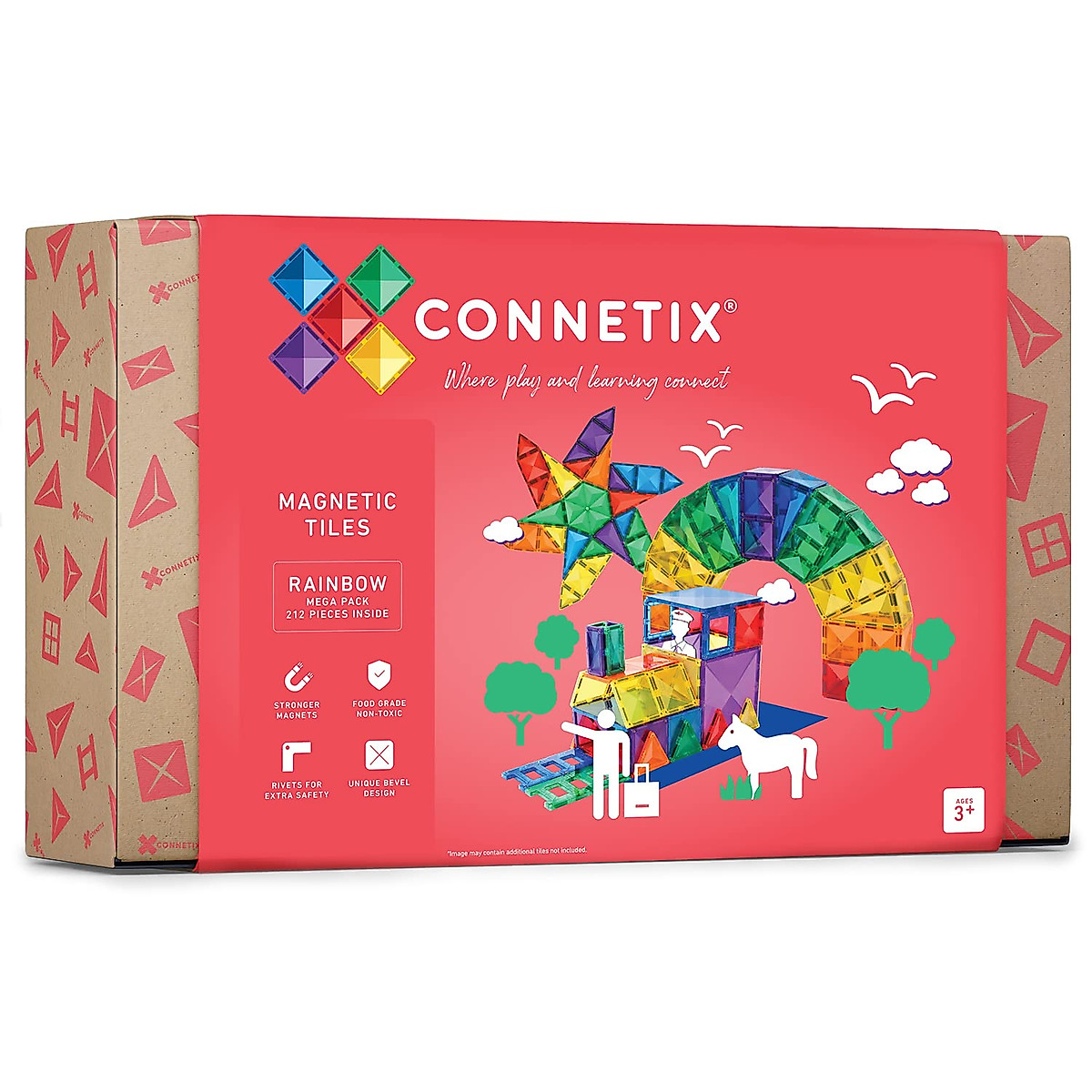 Connetix Tiles 212 Piece Mega Pack, Premium Educational Magnetic Building Set, Features Large Hexagons and Squares, Regular Geometric Tiles, Door and Window Pieces, Fences, 2 Purple Cars, and More