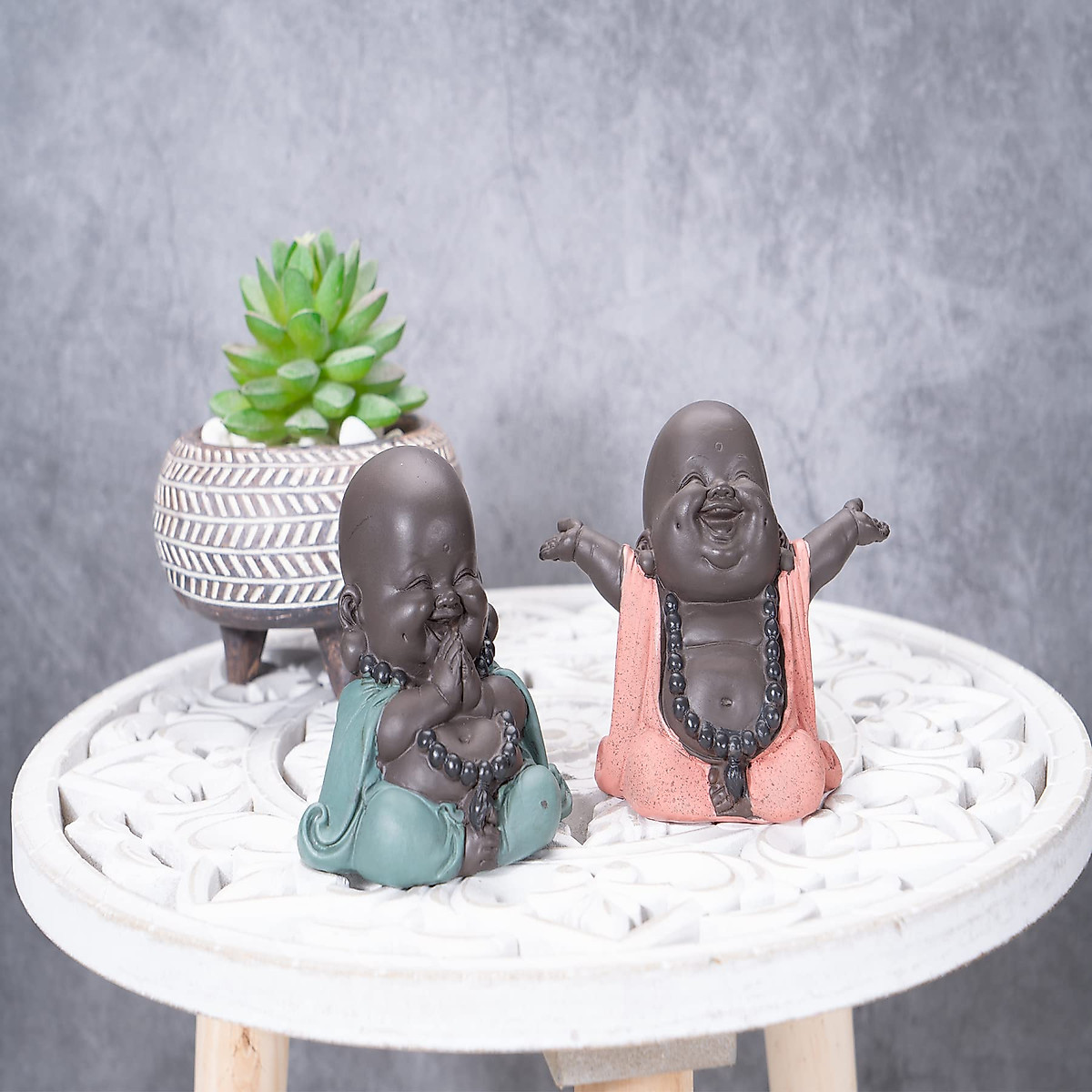 WGFKVAS 2 Pcs Buddha Statue, Laughing Buddha Smiling Little Buddha Ceramic Buda Statue Little Monk Figurine Cute Baby Buddha for Home Office Car Decors Gift Crafts and Arts