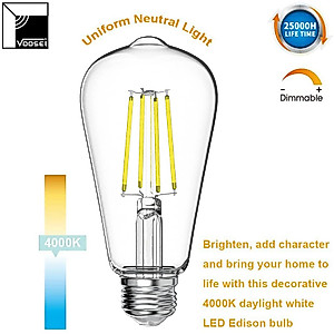 VOOSEI Daylight Bulbs 4000K LED E26 60W Dimmable, 6W Equivalent to 60W Edison High Brightness ST58 Antique Filament Bulbs Clear Glass Pack of 6