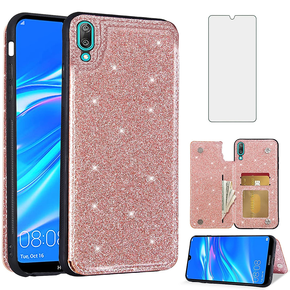 Asuwish Phone Case for Huawei Y7 2019/Y7 Prime 2019/7Y Pro Wallet Cover with Screen Protector and Card Holder Stand Bling Glitter Leather Cell Accessories Hawaii Enjoy 9 Dub-LX3 Women Girls Rose Gold