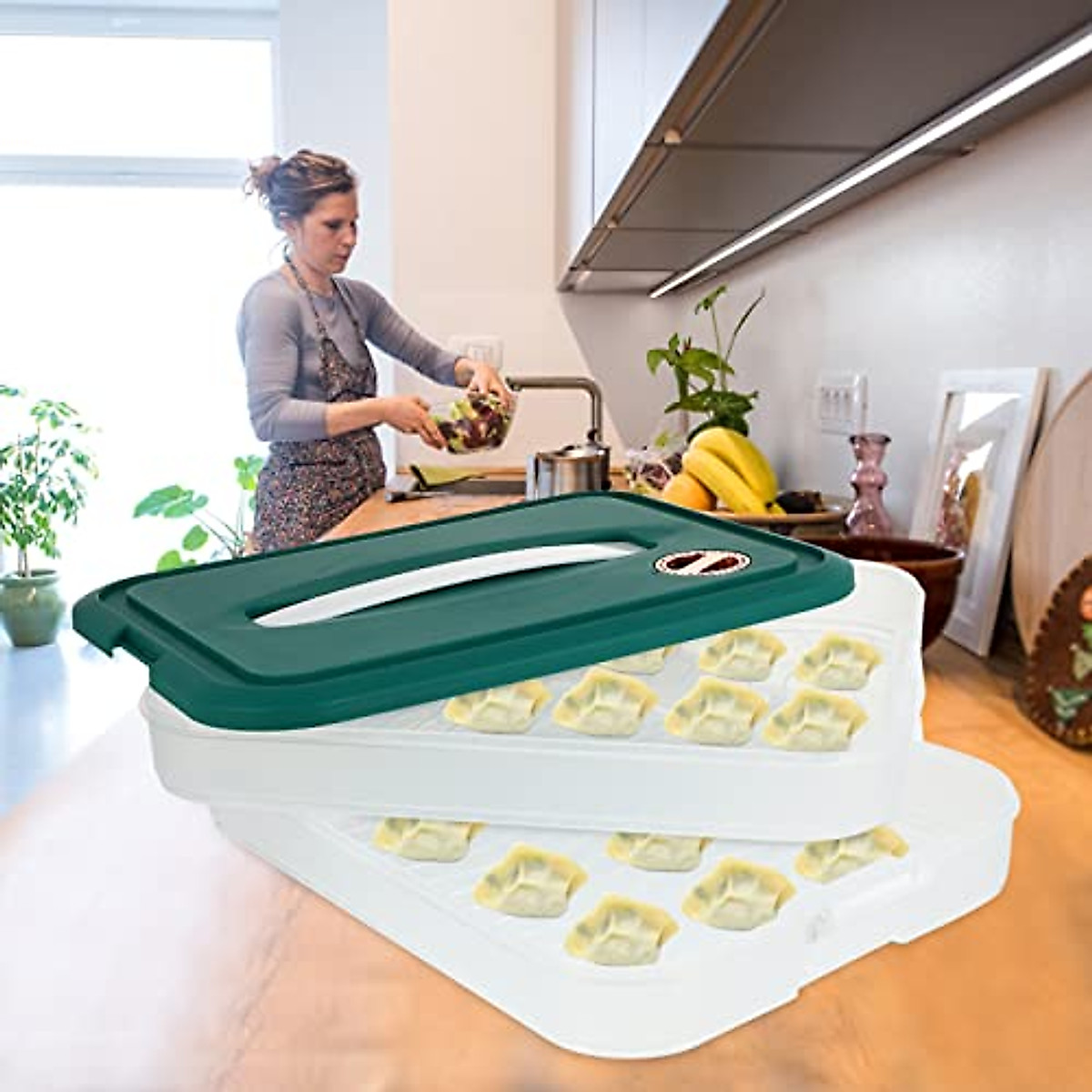 YARNOW 3 Layer Refrigerator Dumpling Box, Stackable Dumpling Food Containers, Dumpling Box Bins Holder with Lids for Refrigerator (Green)