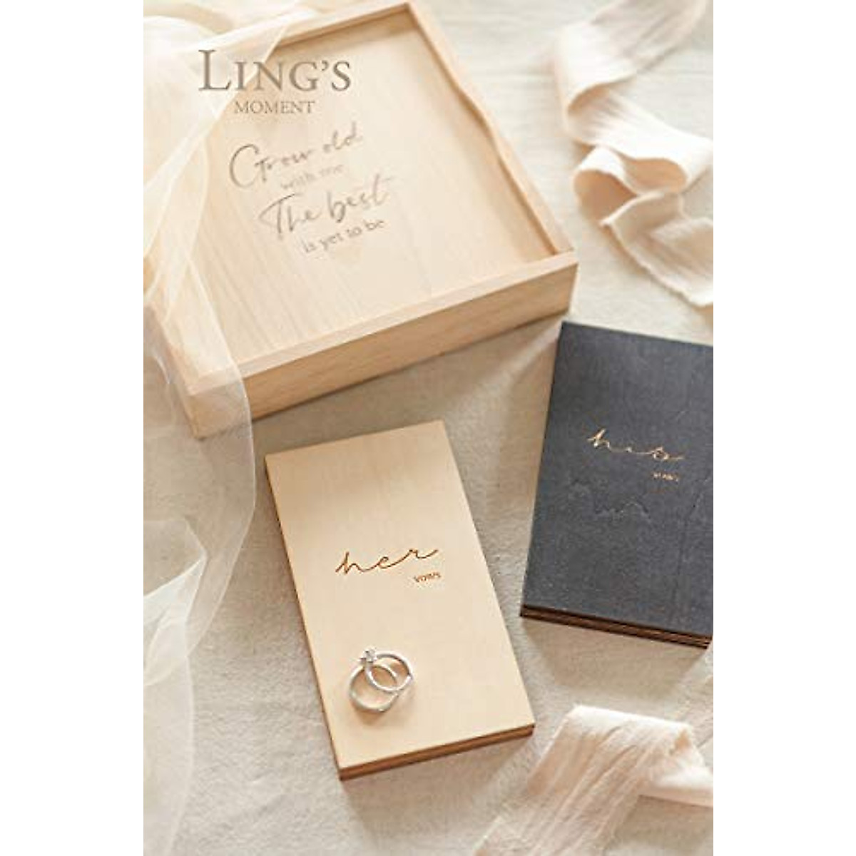 Ling's Moment Handcrafted Vow Books, Wedding Vows Book His and Her Rustic Wood Vow Book Set of 2,Vow Renewal Notebook Booklet Journal Keepsake with Wooden Box