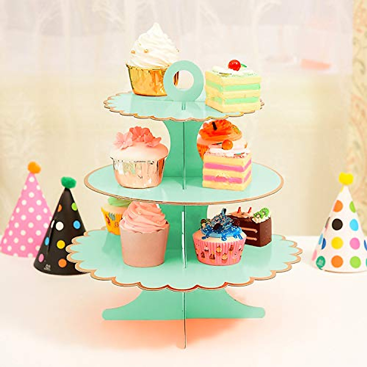 Cupcake Stand,3 Set of 3-Tier Dessert Plates Mini Cakes Fruit Candy Display Tower Cookie Tray Rack Candy Buffet Holder Cake Stand Cardboard Cupcake Stand Tiered Serving Stand (Green)