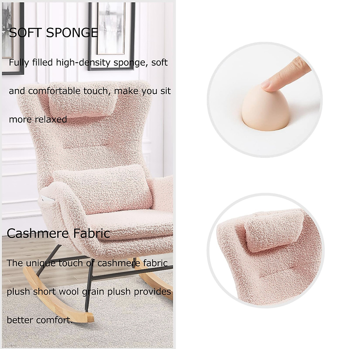 TMEOSK Small Rocking Chair Nursery, Modern Rocking Chair with Side Pockets and High Backrest, Comfy Accent Glider Chair with Headrest and Lumbar Pillow for Living Room, Bedroom (Pink)