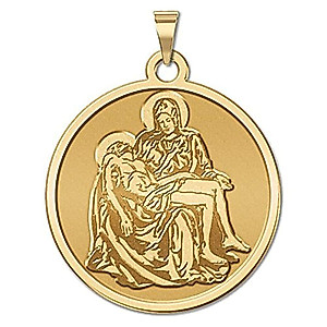 La Pieta Religious Medal - 1 Inch Size of a Quarter -Solid 14K Yellow Gold