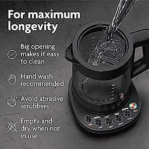 Hot Tea Maker Electric Glass Kettle with tea infuser and temperature control. Automatic Shut off. Brewing Programs for your favorite teas and Coffee.