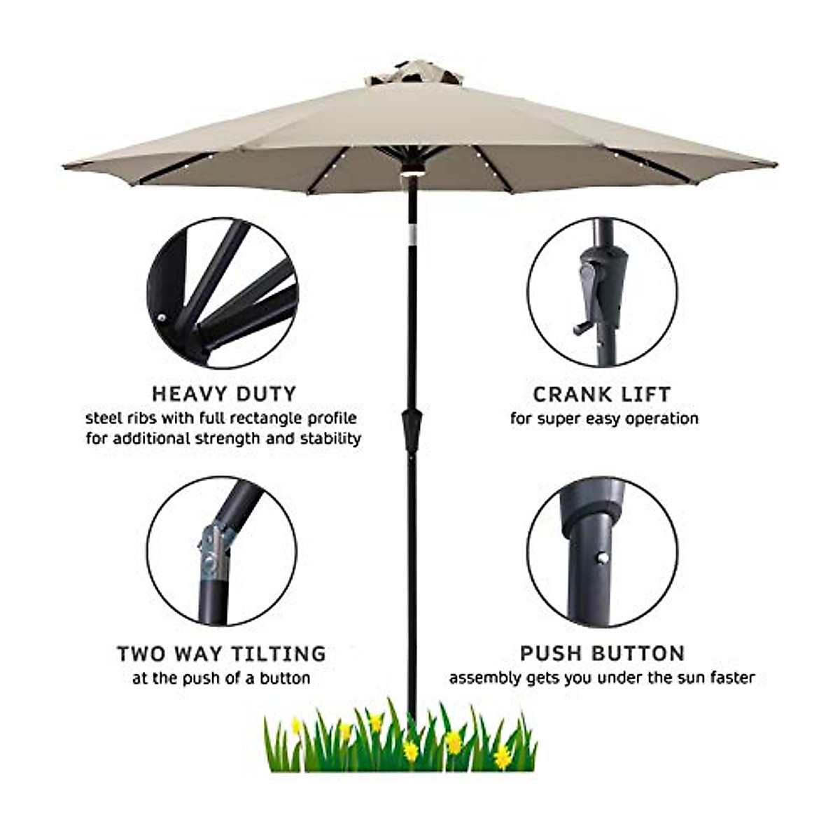 uHousDeco 9 ft Solar LED Patio Umbrella Umbrella, Auto Control and Rotatable Design Taupe