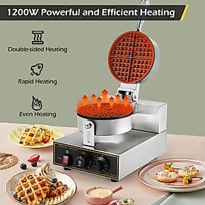 Dyna-Living Waffle Maker Commercial Waffle Maker Machine 110V 1200W Non-stick Waffle Iron Maker Stainless Steel Round Commercial Waffle Maker for Restaurant