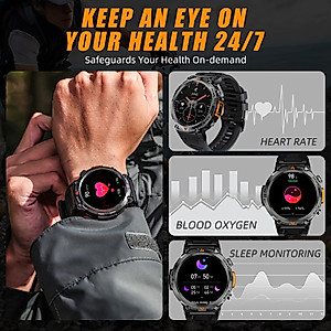 Military Smart Watch for Men (Answer/Dial) Flashlight 1.45” Rugged Smart Watch 100+ Sports Modes IP68 Waterproof Fitness Watch with Heart Rate Sleep Tracker Outdoor Tactical Smartwatch for iOS Android