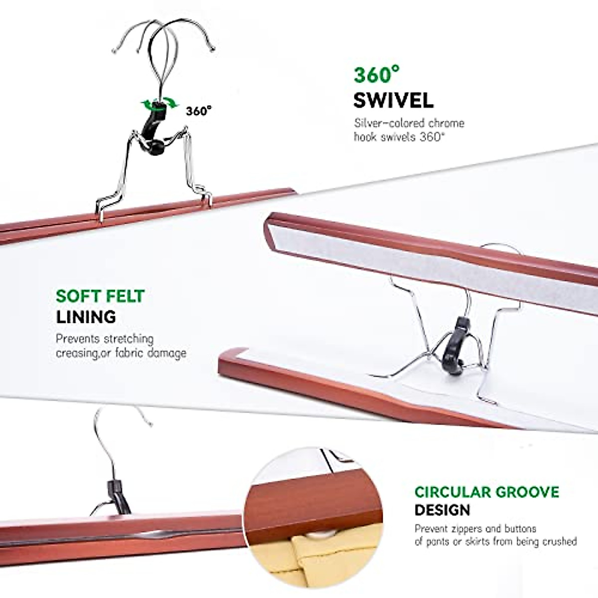 Nature Smile Wooden Non Slip Pants Skirt Hangers, Smooth Finish Solid Wood Jeans Slack Clamp Hangers Hair Extension Hangers (20 Pack Cherry)