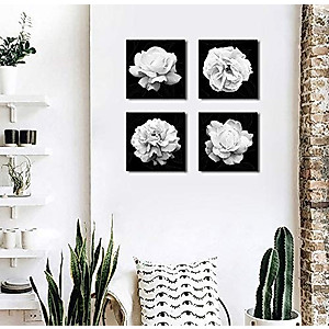 Flowers Wall Art Bathroom Wall Decor Abstract Botanical Picture Contemporary Wall Art Prints Bedroom Living Room Kitchen Office Home Decor Modern Black Flower Canvas Artwork 12" x 12" x 4 Pieces