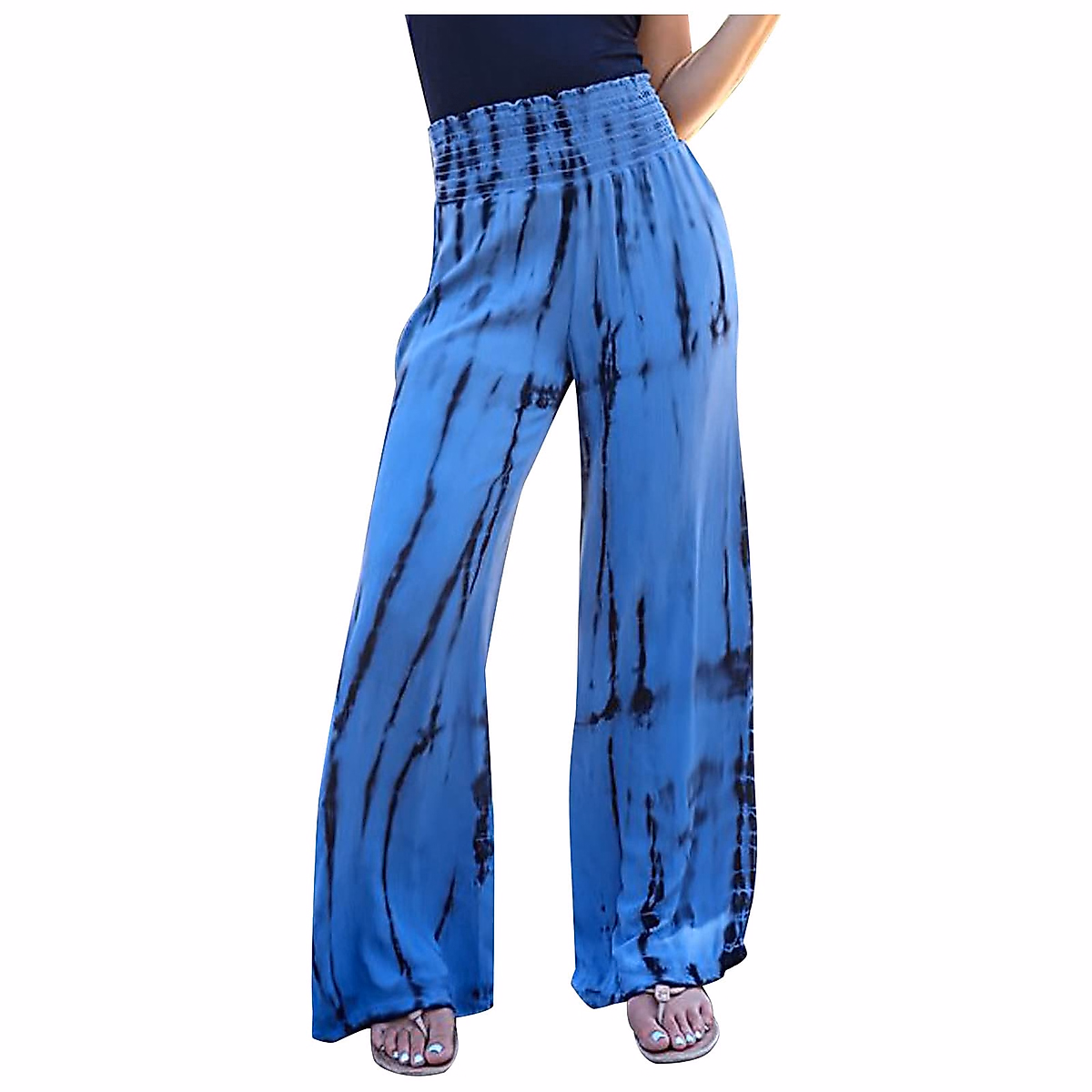 tuduoms Flowy Culottes Women's High Waisted Yoga Hippie Wide Leg Pant Tie Dye Print Lightweight Palazzo Lounge Harem Trousers Blue