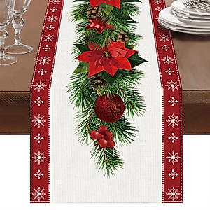 Netnology Watercolor Poinsettia Red Christmas Table Runner with White Snowflake,Seasonal Winter Xmas Party Decoration Holiday Indoor Home Kitchen Decor 13 x 72 Inch
