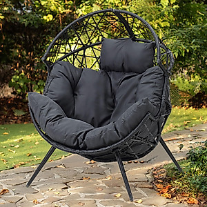 STRPRETTY BASIC Egg Chair - Outdoor Patio Egg Chair Indoor Wicker Egg Chair Basket Lounger Chair with Cushion and Stand for Living Room Patio Backyard (Dark Gray)