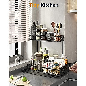 MHHA Under Sink Organizer,Adjustable Height Metal Under Kitchen Cabinet Organizer,2-Tier Sliding Shelf Storage,Multi-Use for Under Kitchen Bathroom Sink Organizers and Storage，Black