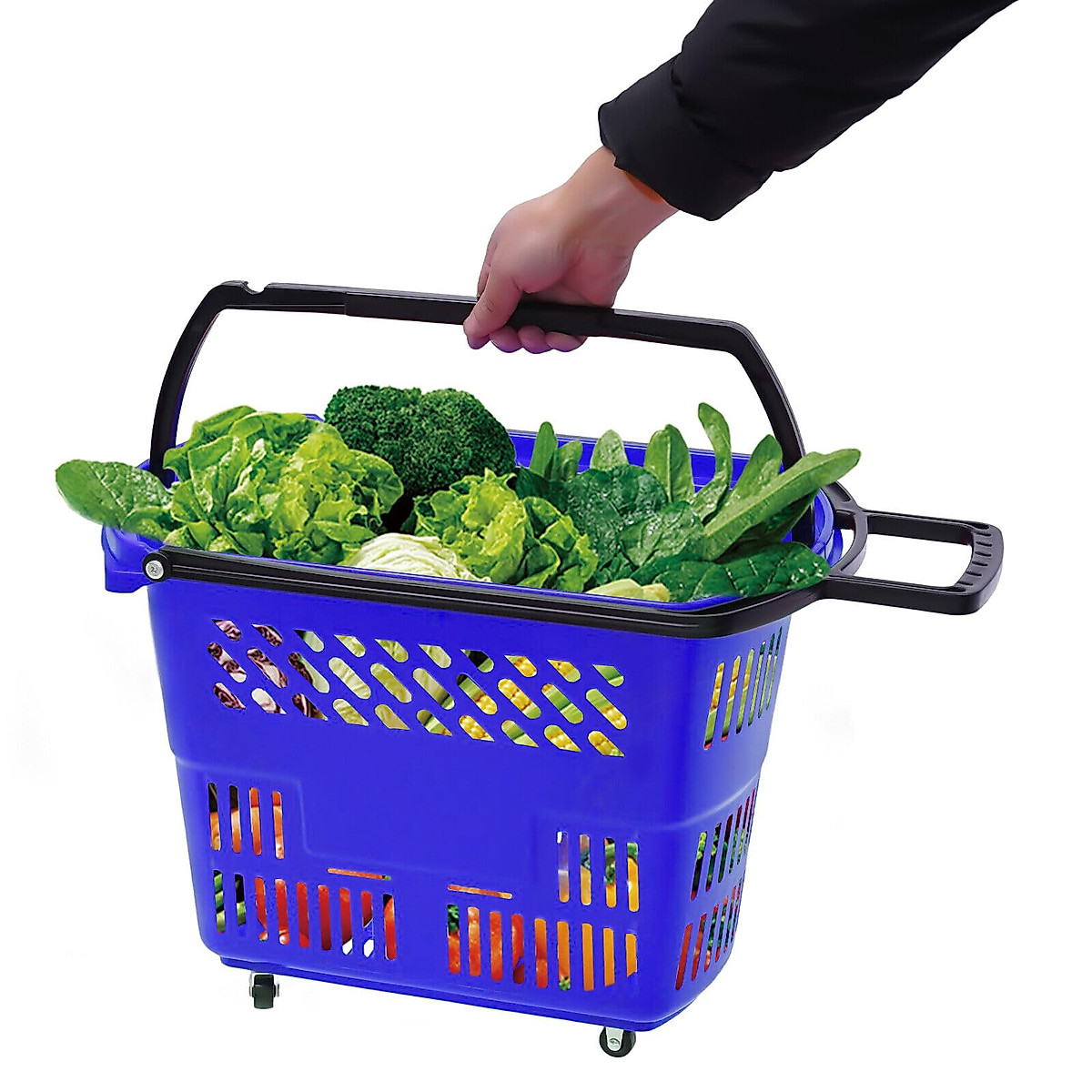 6PCS Shopping Carts, 35L w/Wheels and Handle, Shopping Basket Plastic Rolling Shopping Basket for Carrying and Storing Clothing Groceries (Blue)