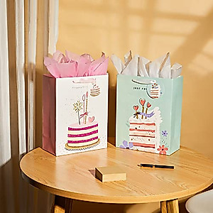 SUNCOLOR 13" Large Gift Bags for Girls Birthday Party with Tissue Paper (2 Pack, Cakes)