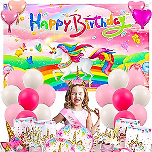 Ufocusmi Rainbow Unicorn Happy Birthday Backdrop, Unicorn Birthday Decorations for Girls, Unicorn Themed Party Background Banner 6x3.6 Feet