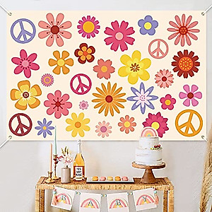 Hippie Groovy Backdrop Banner 60's70's Party Background Extra Large Backdrops Boho Flower Peace Logo Party Sign Scene Setters Wall Decoration Supplies for Indoor Outdoor Photo Booth Props