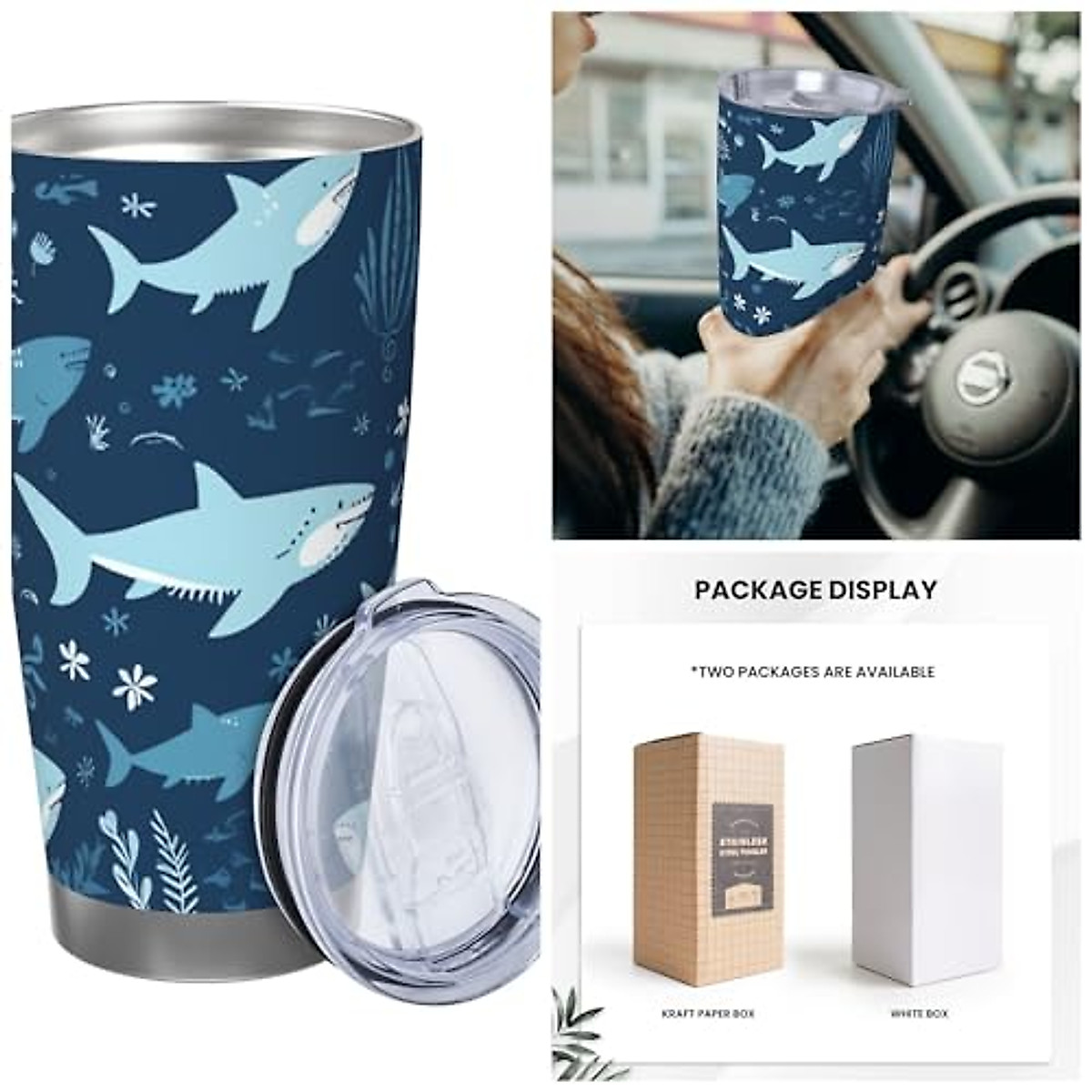 Sharks Tumbler with Lid and Straw 20oz Stainless Steel Car Cup for Hot and Cold Drinks, Double Wall Insulated Travel Coffee Mug Reusable Drink Thermos Cup Birthday Gifts