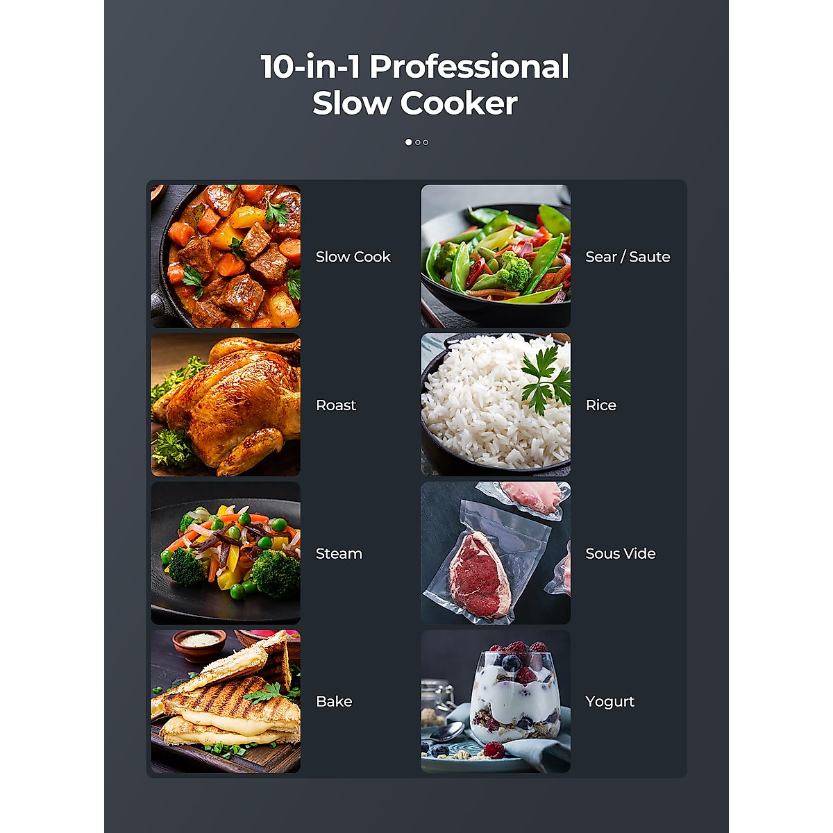 AMEGAT Slow Cooker 6 Quart, 10 in 1 Programmable Cooker, Rice Cooker, Sauté, Steamer & More, Stainless Steel Inner Pot, Steaming Rack & Glass Lid, Delay Start, Adjustable Temp & Time with LED Display