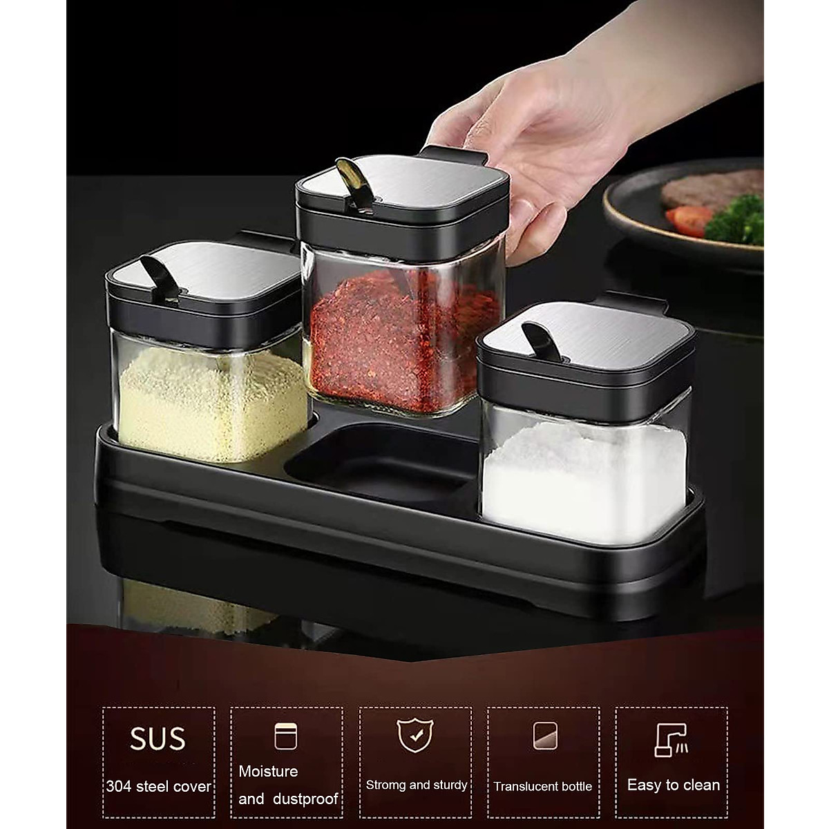 W WBLD Glass Condiment Jar Spice Container with Lids and Spoons, Square Clear Seasoning Sugar Containers Set with Base, Sugar Pepper Salt Spices Bowl for Kitchen Countertop,3pcs