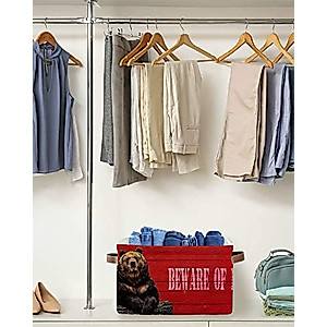 Animal Bear Retro Red Farm Wood Grain White White Slogan Cube Storage Organizer Bins with Handles,15x11x9.5 Inch Collapsible Canvas Cloth Fabric Storage Basket,Books Toys Bin Boxes for Shelves,Closet