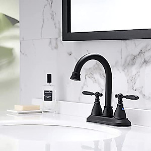 BRAVEBAR 4 Inch Bathroom Sink Faucet Black - 2 Handle Centerset Bathroom Faucets | 360° Swivel Spout Vintage Vanity Faucet Bathroom with Pop-up Drain Assembly and Water Supply Hoses Matte Black