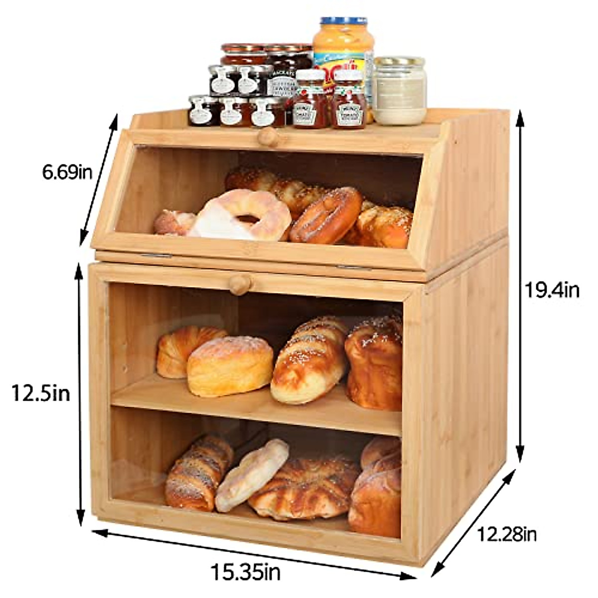 X-cosrack Large Double Separable Bamboo Bread Box Storage with Clear Window and Adjustable Compartment for Kitchen Countertop,Natural