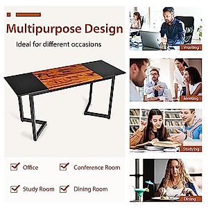 Tangkula 63” Conference Table, Large Industrial Meeting Table with Metal Frame, Multipurpose Rectangular Training Seminar Table, Computer Desk, Dining Table, for Home, Office, Conference Room
