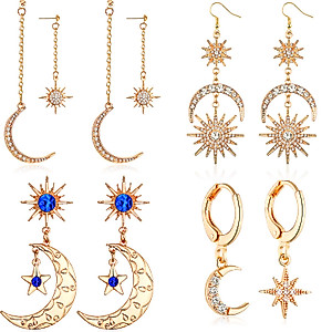 4 Pairs Moon Earrings Star Earrings Exaggerated Boho Earrings Retro Moon Dangle Drop Rhinestones Earrings Sun for Halloween Christmas Women Girls Gift